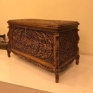 Walnut Wood Trunk Coffee Table, Hand Carved Turkish Traditional Storage ...
