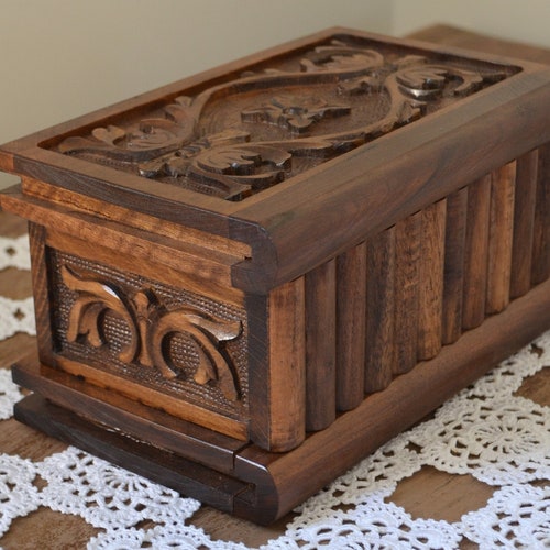 Wooden Puzzle Jewelry Box Hand Carved Flower Secret Lock Box - Etsy