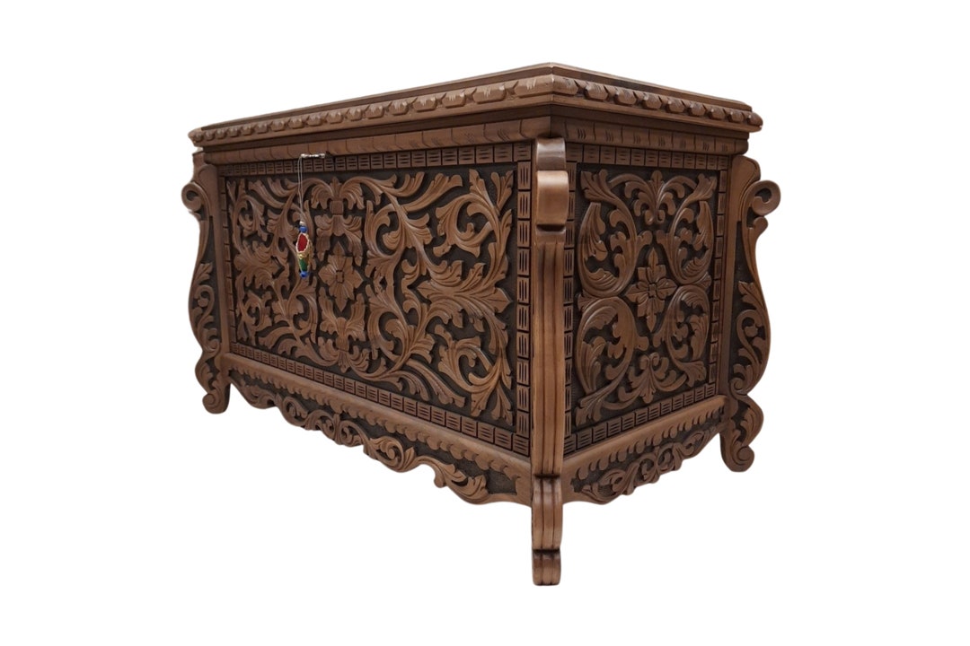 Walnut Wood Storage Chest Box, Hand Carved Wooden Trunk Center Table ...