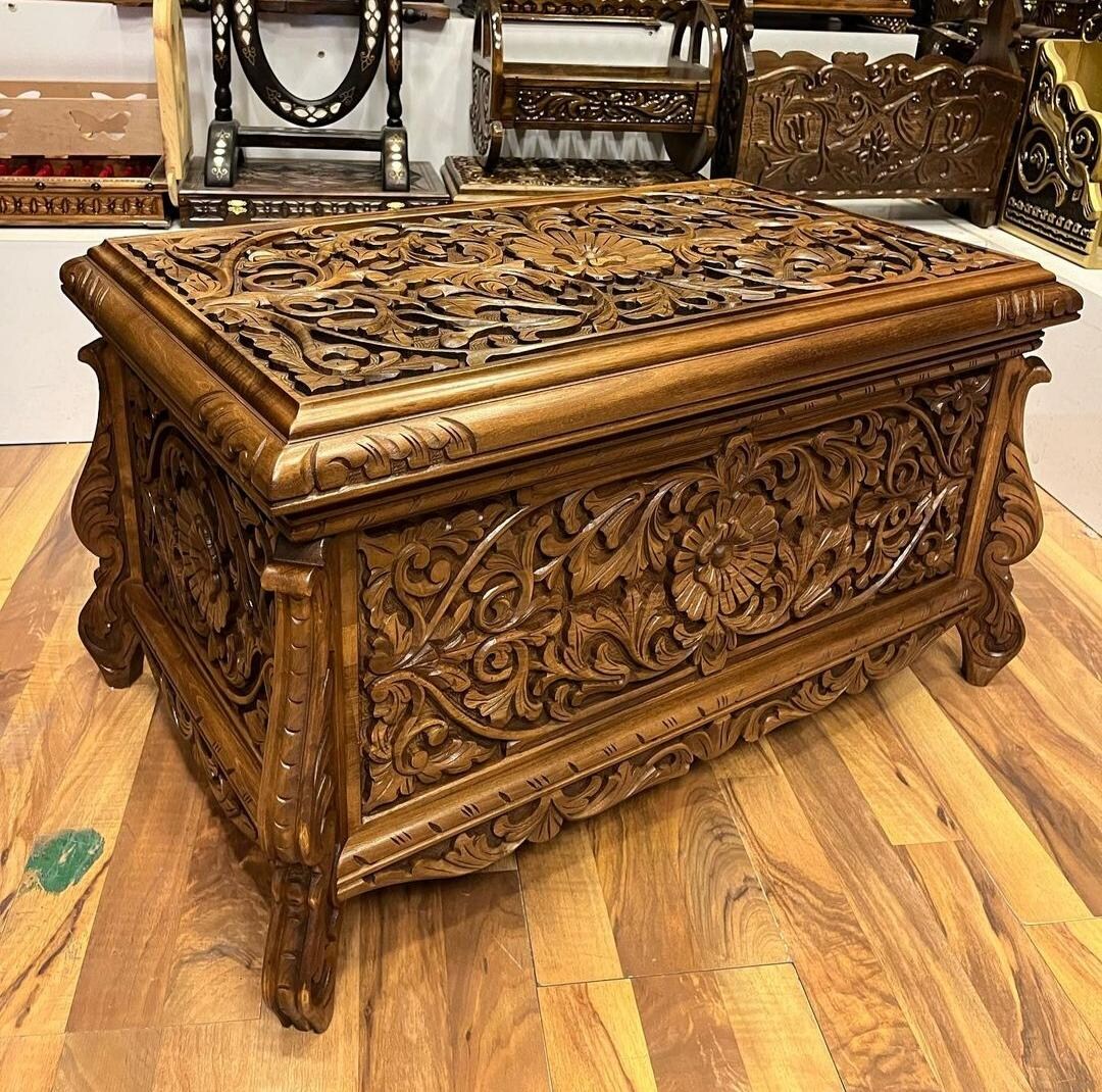 Hand Carved Storage Trunk Table, Turkish Traditional Walnut Wood Coffee ...