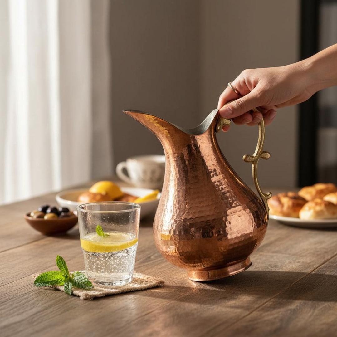 Pure Copper Pitcher With Mugs, Turkish Traditional Hammered Copper ...