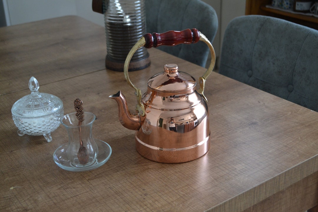 Copper Stove Top Tea Kettle, Turkish Solid Copper Teapot With Wooden ...