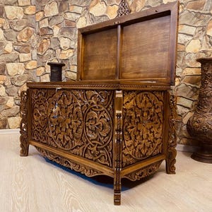 Hand Carved Storage Chest, Turkish Traditional Walnut Wood Trunk Coffee ...