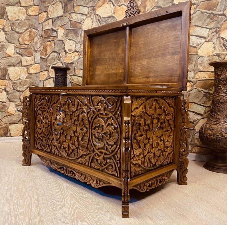 Hand Carved Storage Chest, Turkish Traditional Walnut Wood Trunk Coffee ...