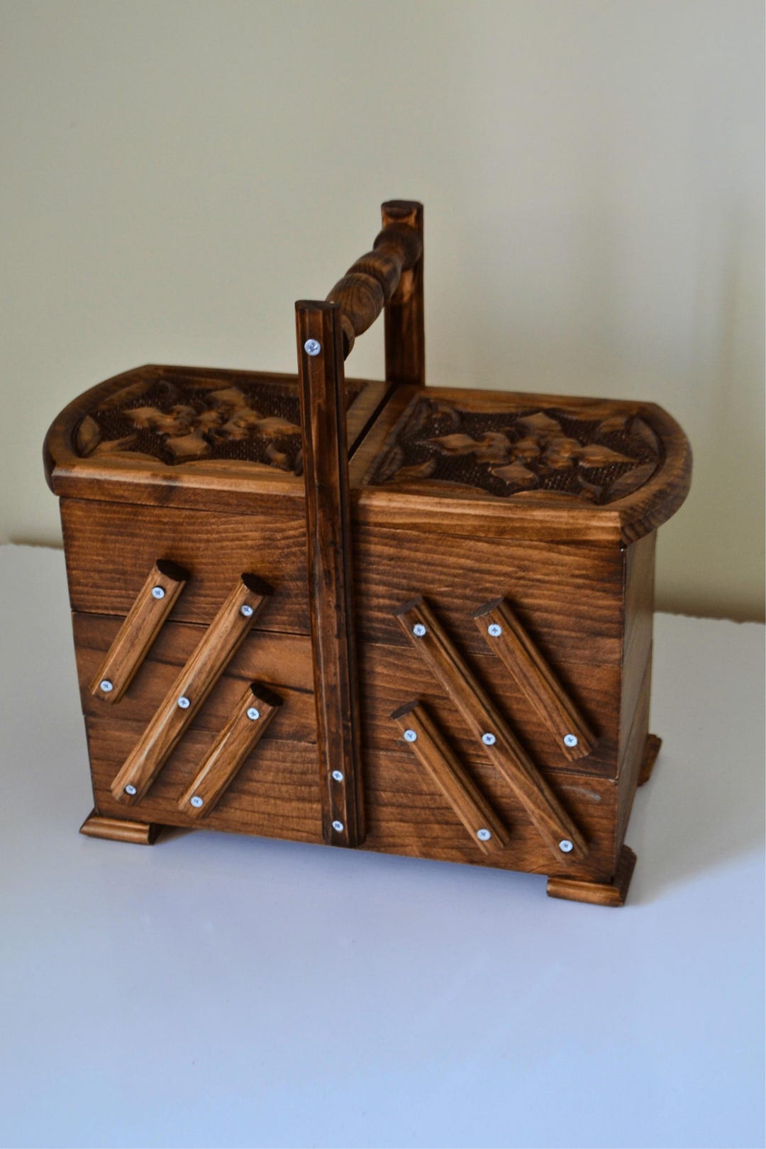 Wooden Foldout Sewing & Tool Organizer Box 3 Layer, Rustic Hand Carved ...