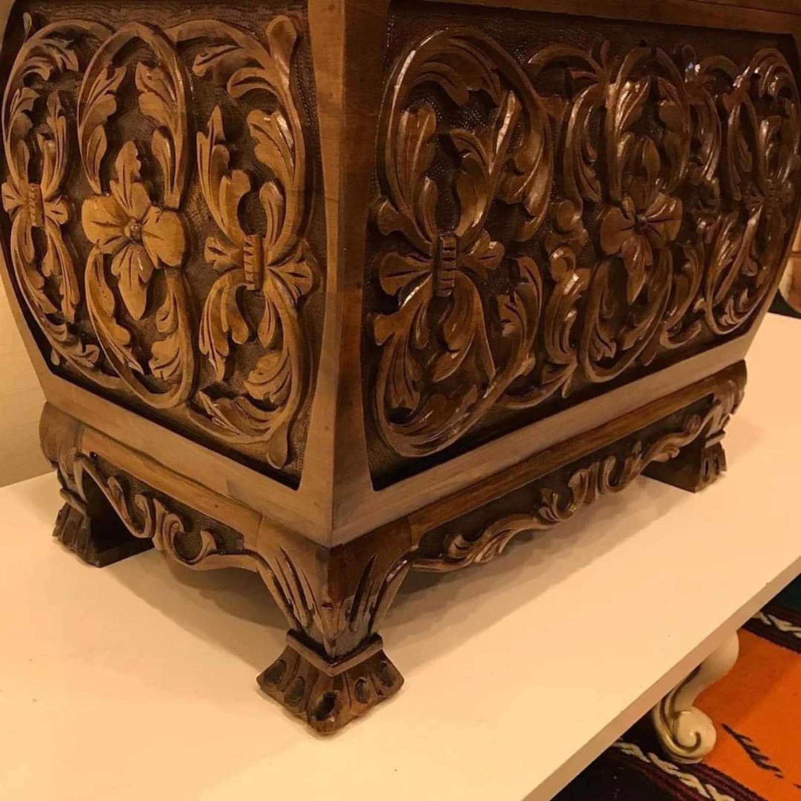 Hand Carved Trunk Coffee Table, Walnut Wood Ottoman Storage Chest With ...