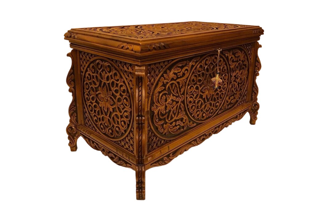 Walnut Wood Trunk Coffee Table, Hand Carved Turkish Traditional Storage ...