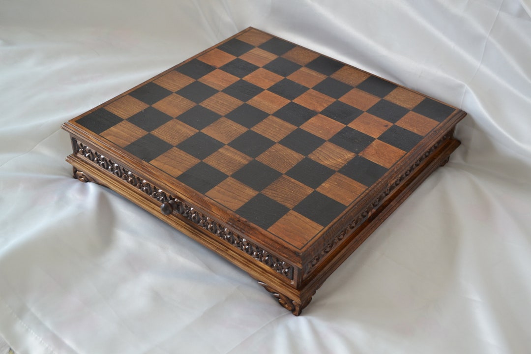 Wooden Chess Box With Drawer and Chess Board, Walnut Wood Hand Carved ...