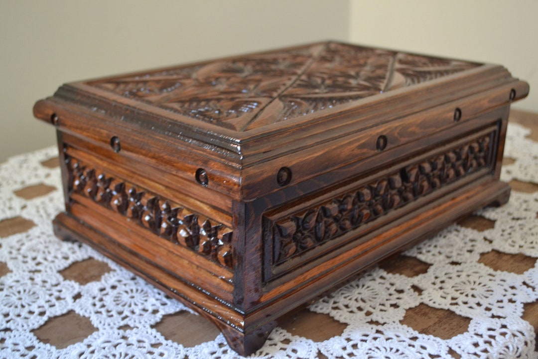 Hand Carved Wooden Gun Box Jewelry Box With Key Embroidered - Etsy