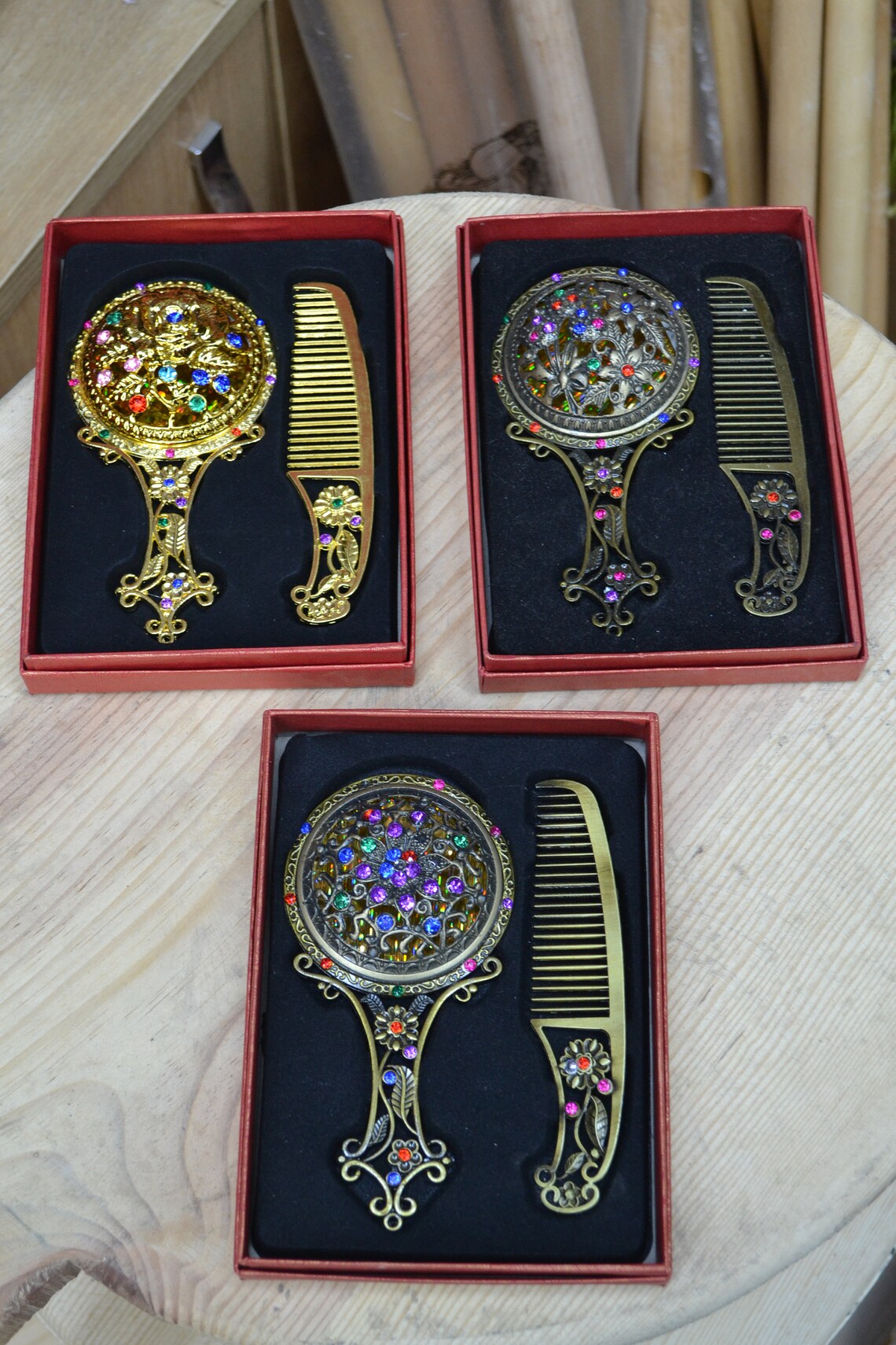 Authentic Hand Mirror and Comb Set Fancy Metallic Mirror - Etsy
