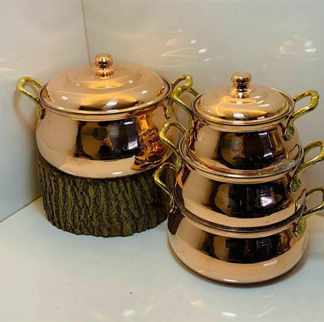 Turkish Copper Casserole Pot Set of 4 With Brass Handle, Copper Cooking ...