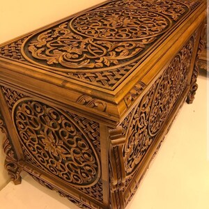 Walnut Wood Trunk Coffee Table, Hand Carved Turkish Traditional Storage ...