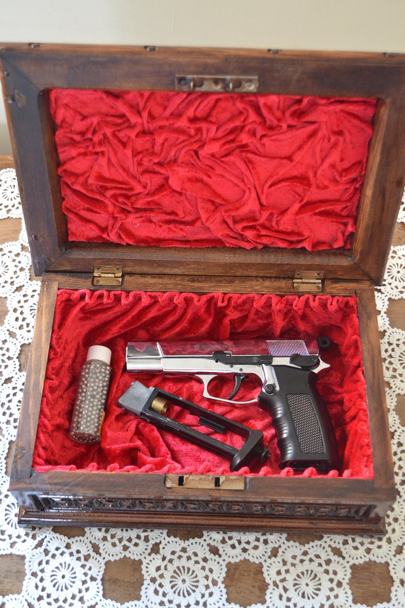 Hand Carved Wooden Gun Box Jewelry Box With Key Embroidered - Etsy