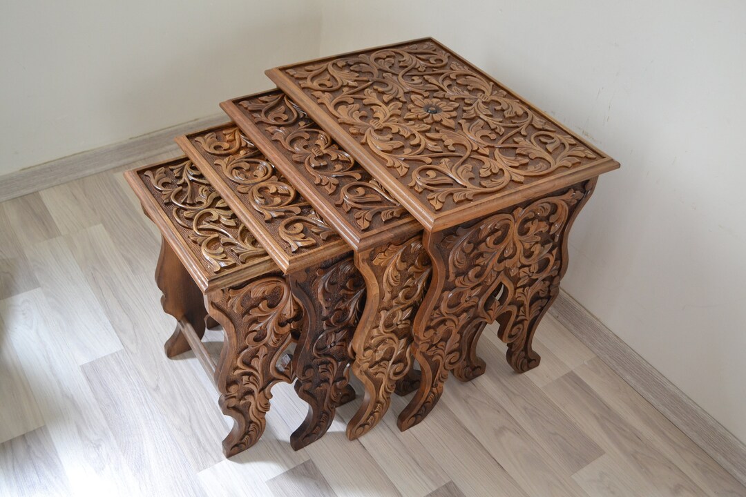 Hand Carved Nesting Table Set, Set of 4 Wooden Coffee End Table ...