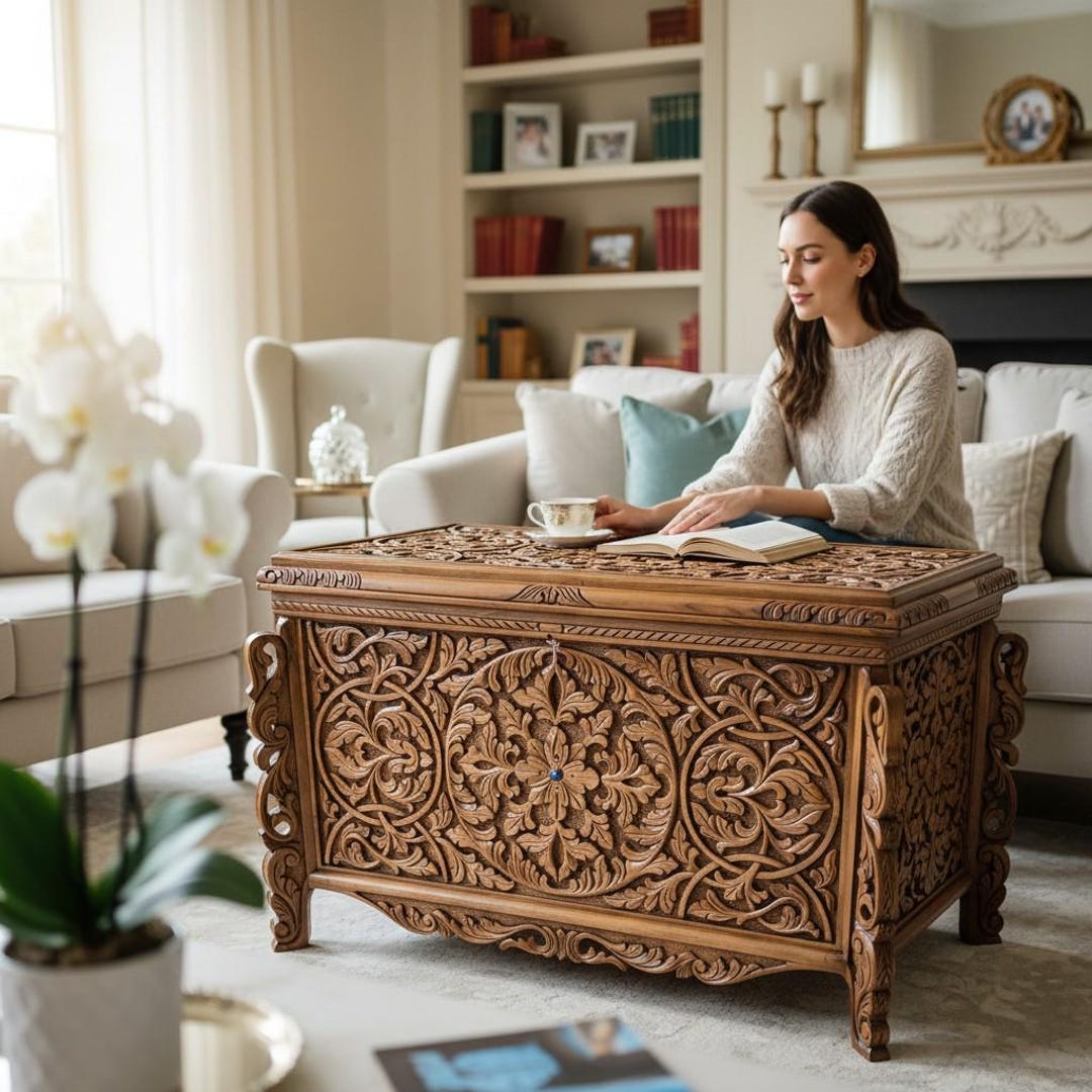 Hand Carved Storage Chest, Turkish Traditional Walnut Wood Trunk Coffee ...