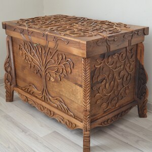 Tree of Life Hand Carved Wooden Storage Chest, Walnut Wood Trunk Coffee ...