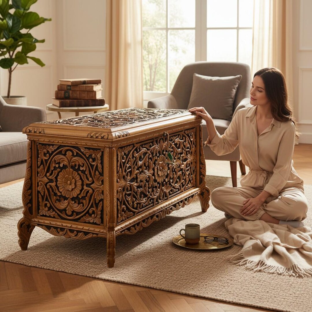 Hand Carved Storage Chest, Walnut Wood Turkish Traditional Ottoman ...
