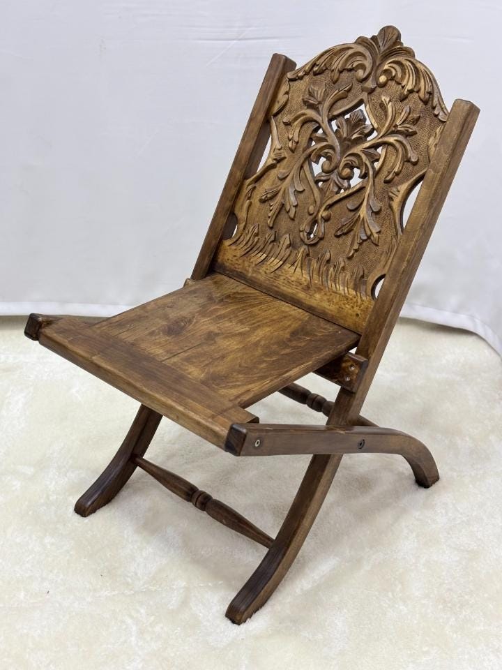 Walnut Wood Folding Slat Chair, Turkish Traditional Hand Carved ...