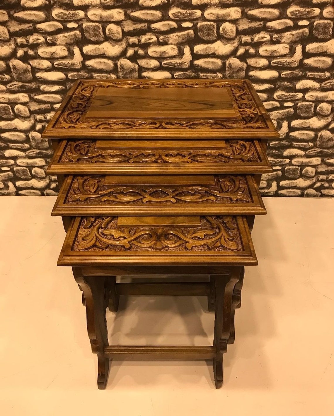 Walnut Wood Nesting Table Set Wooden End Tables Hand Carved - Etsy