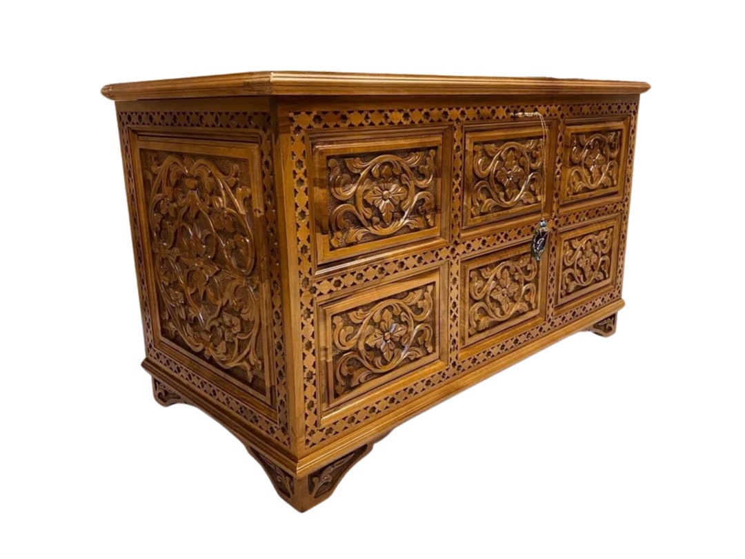 Walnut Wood Storage Chest, Hand Carved Decorative Hope Chest, Wooden ...