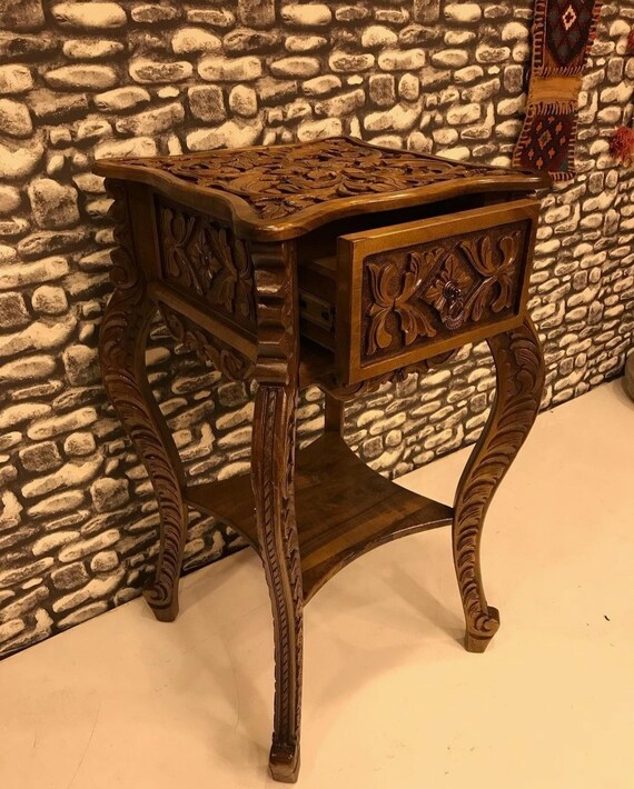 Hand Carved Side Table With Drawer Walnut Wood Luxury Coffee - Etsy