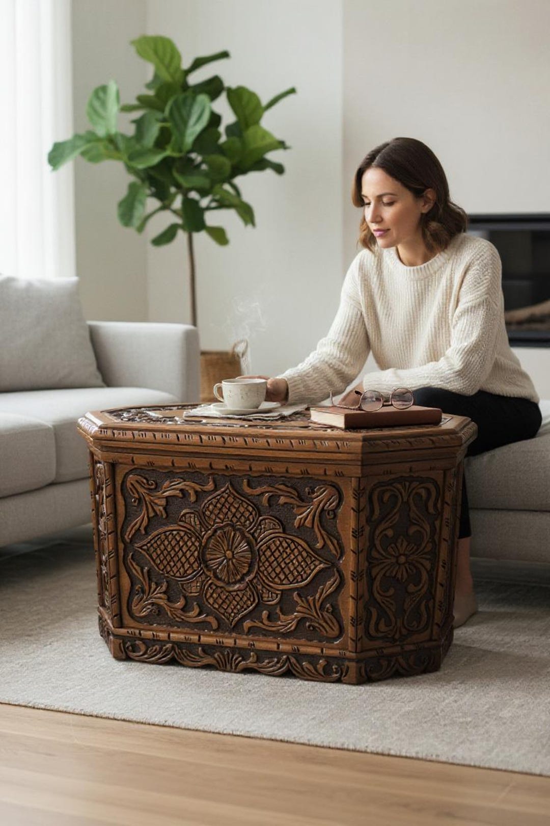 Walnut Wood Trunk Table, Turksih Traditional Hand Carved Storage Chest ...