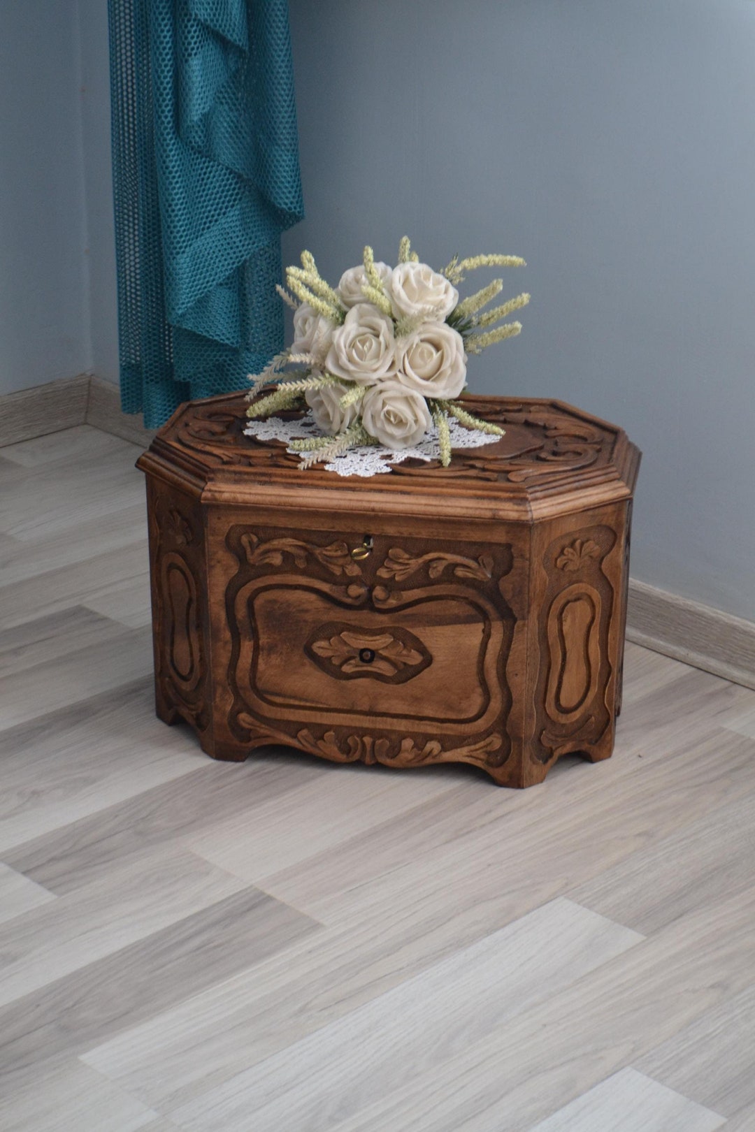 Walnut Wood Storage Box, Hand Carved Decorative Turkish Traditional ...