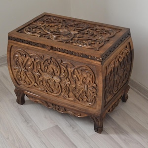 Walnut Wood Oval Storage Box, Hand Carved Wooden Trunk Center Table ...