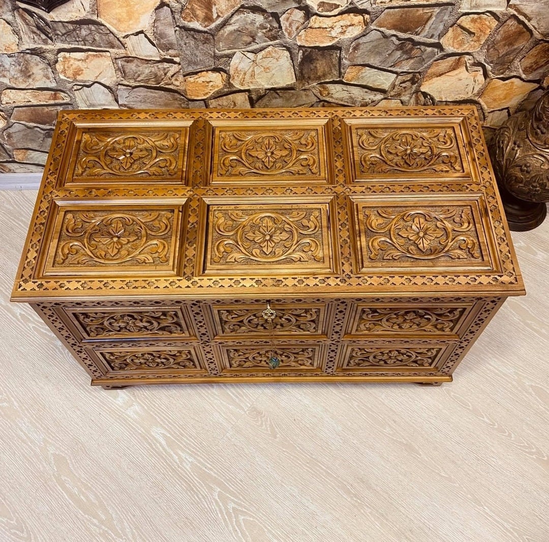 Walnut Wood Storage Chest Hand Carved Decorative Hope Chest - Etsy