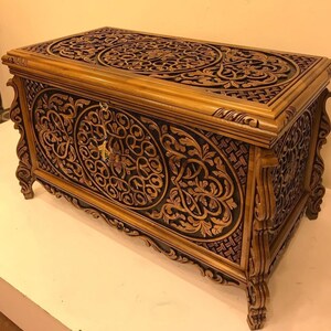 Walnut Wood Trunk Coffee Table, Hand Carved Turkish Traditional Storage ...