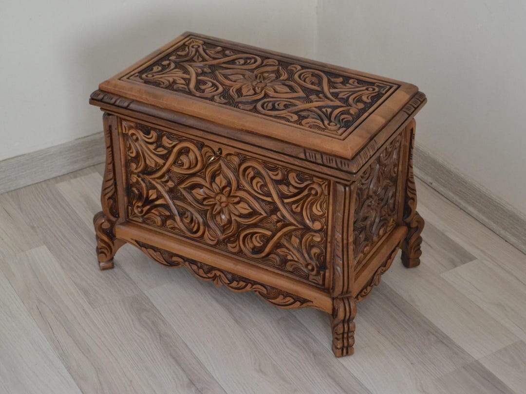 Walnut Wood Storage Box, Hand Carved Decorative Turkish Traditional ...