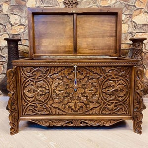 Hand Carved Storage Chest, Turkish Traditional Walnut Wood Trunk Coffee ...