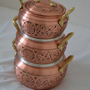 Hand Engraved Copper Pots With Brass Handle, Turkish Traditional Solid ...