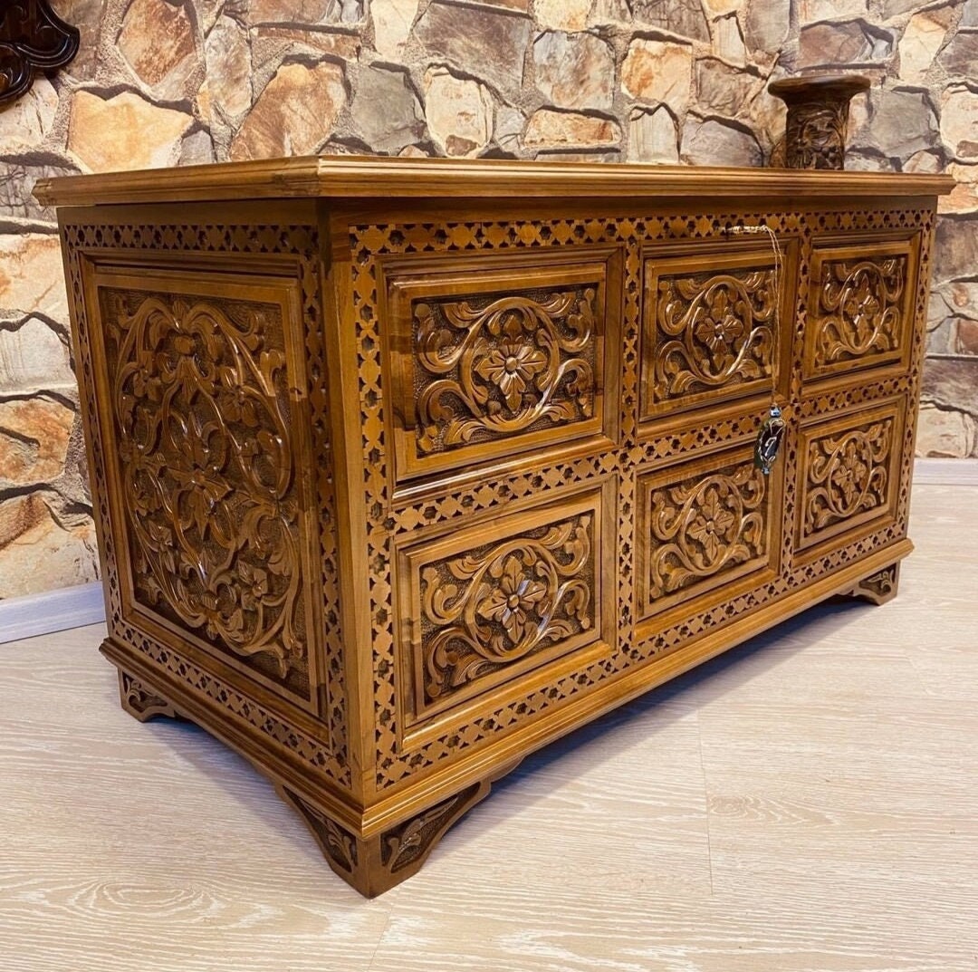 Walnut Wood Storage Chest Hand Carved Decorative Hope Chest - Etsy