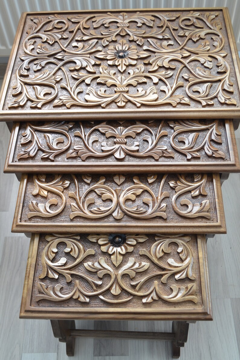 Hand Carved Nesting Table Set, Set of 4 Wooden Coffee End Table ...