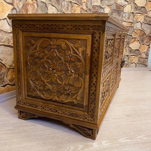 Walnut Wood Storage Chest, Hand Carved Decorative Hope Chest, Wooden ...