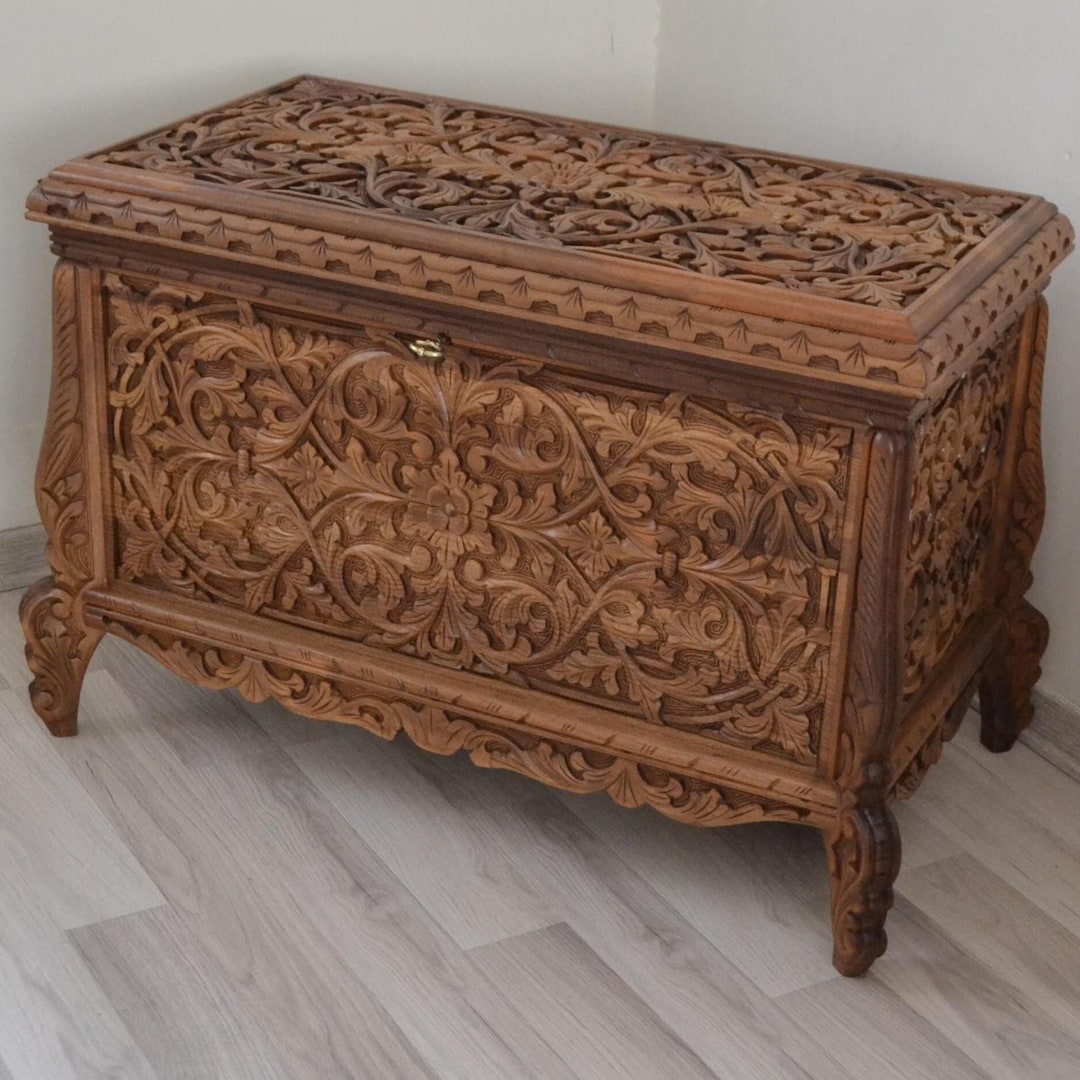 Walnut Wood Trunk Coffee Table, Hand Carved Hope Chest, Turkish ...