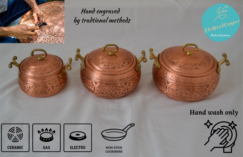 Solid Engraved Turkish Copper Pot, Traditional Pure Copper Casserole ...