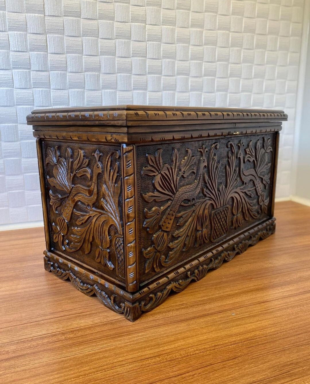 Walnut Wood Peacock Carved Trunk Chest, Hand Carved Storage Box Coffee ...