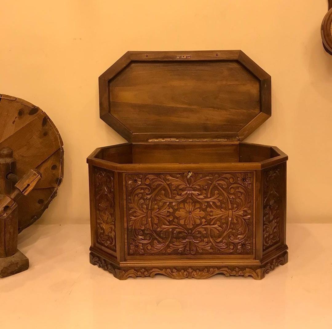 Hand Carved Storage Chest, Walnut Wood Turkish Traditional Heirloom ...