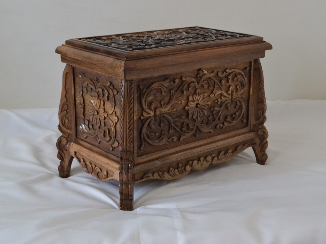 Walnut Wood Storage Box, Turkish Traditional Hand Carved Wooden Storage ...