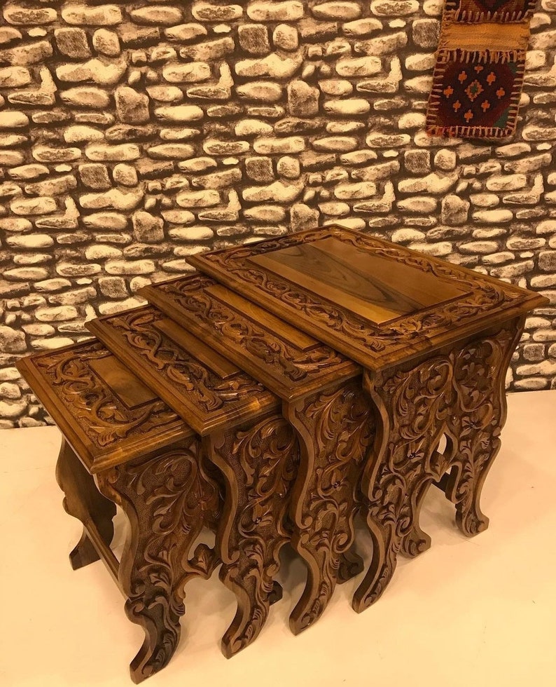 Walnut Wood Nesting Table Set Wooden End Tables Hand Carved - Etsy