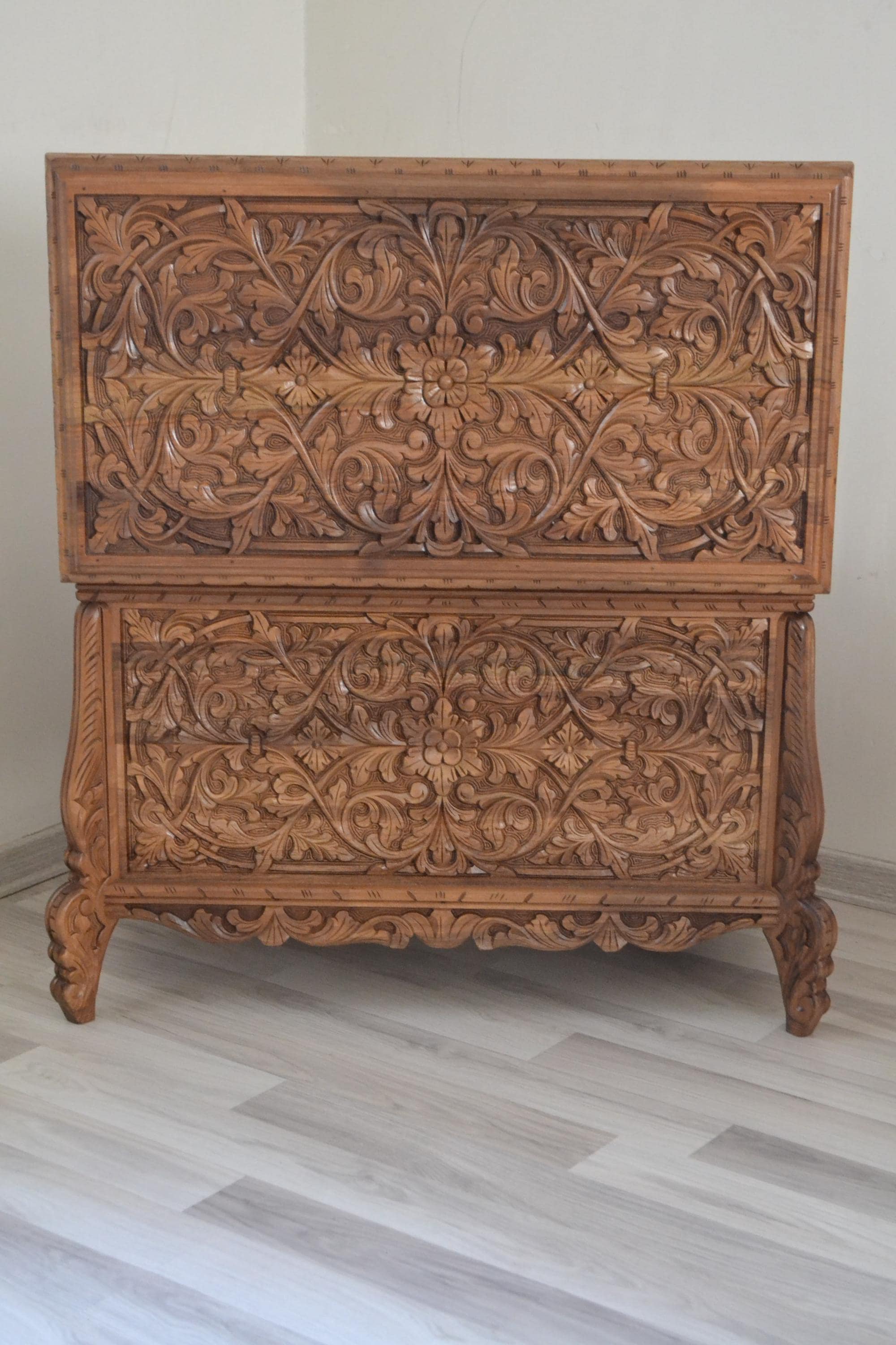 Walnut Wood Trunk Coffee Table, Hand Carved Hope Chest, Turkish ...
