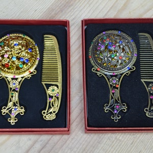 Authentic Hand Mirror and Comb Set, Fancy Metallic Mirror, Makeup ...