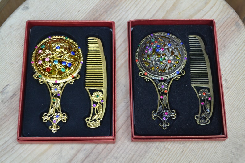 Authentic Hand Mirror and Comb Set, Fancy Metallic Mirror, Makeup ...