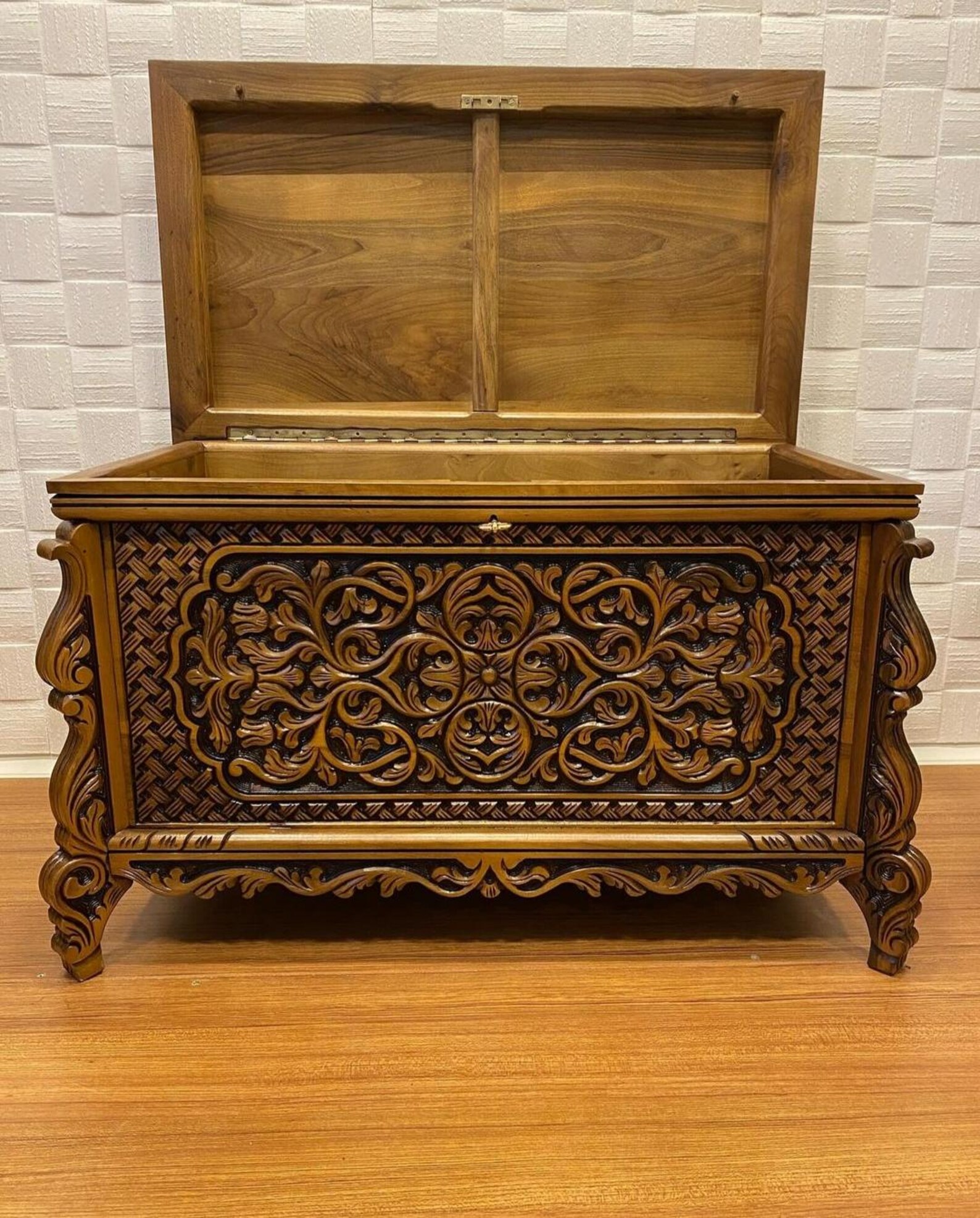 Walnut Wood Storage Chest Hand Carved Rustic Trunk Coffee Center Table ...