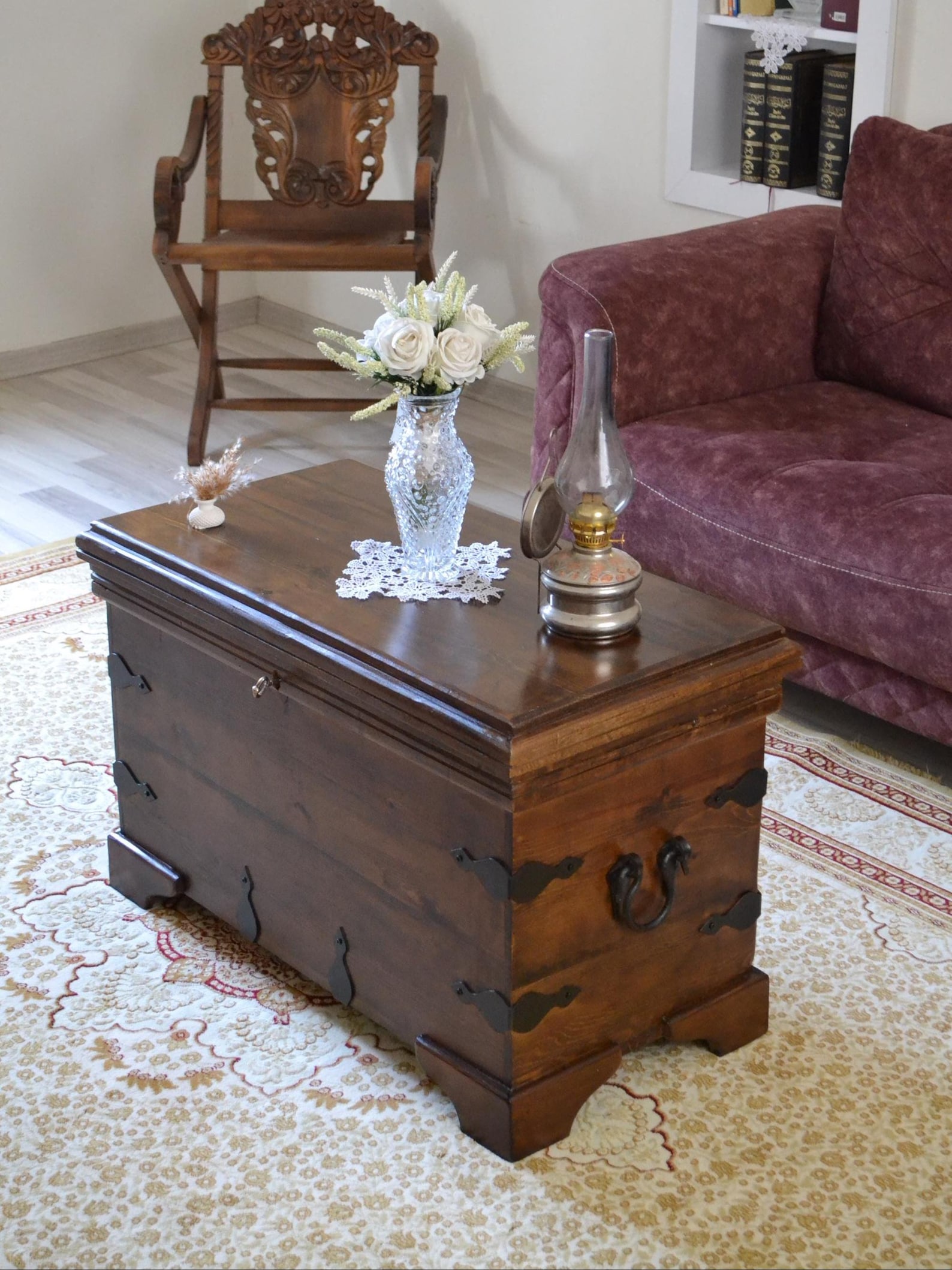 Walnut Wood Chest With Cast Iron Handles, Trunk Coffee Table, Wooden ...