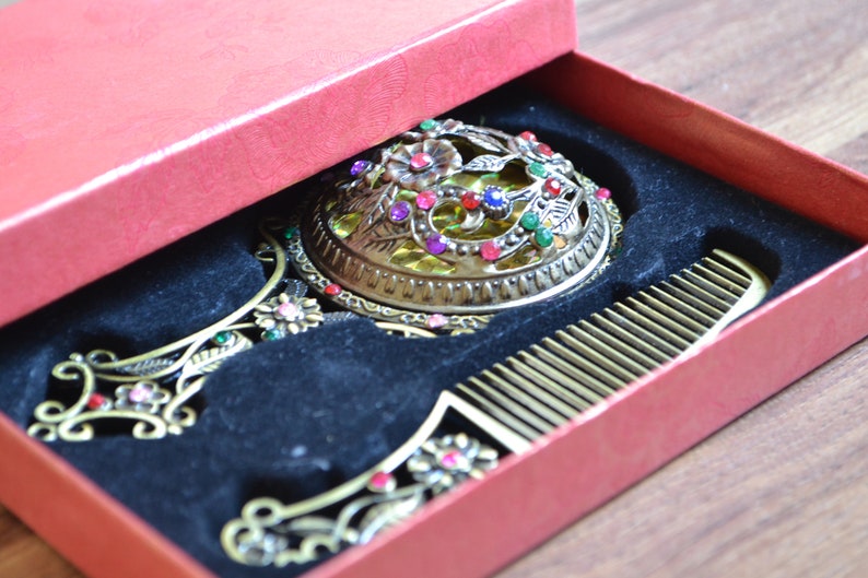 Authentic Hand Mirror and Comb Set, Fancy Metallic Mirror, Makeup ...