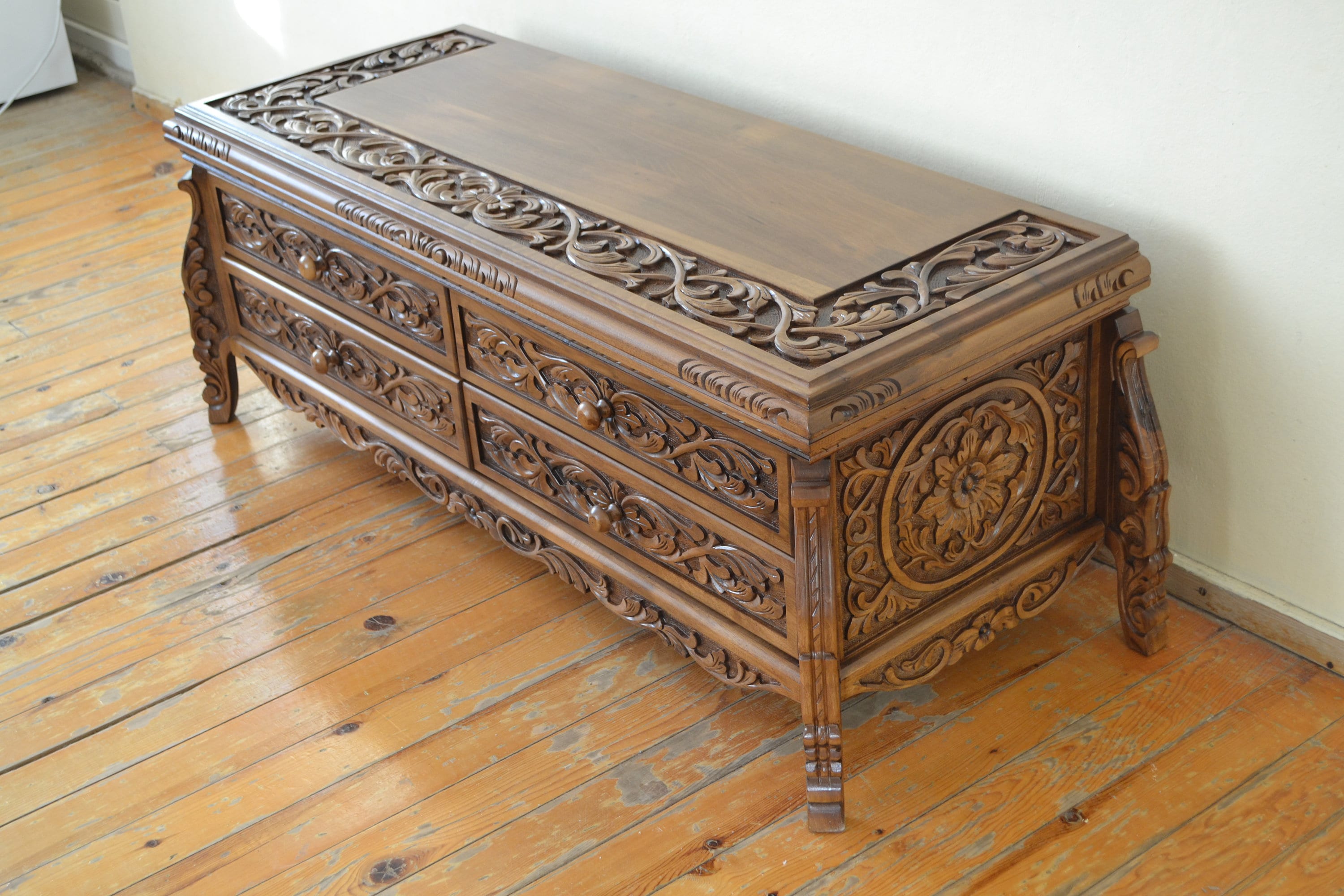 Wood carved tv stand store