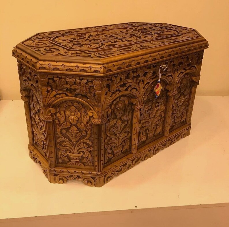Walnut Wood Large Hope Chest Ottoman Hand Carved Large - Etsy